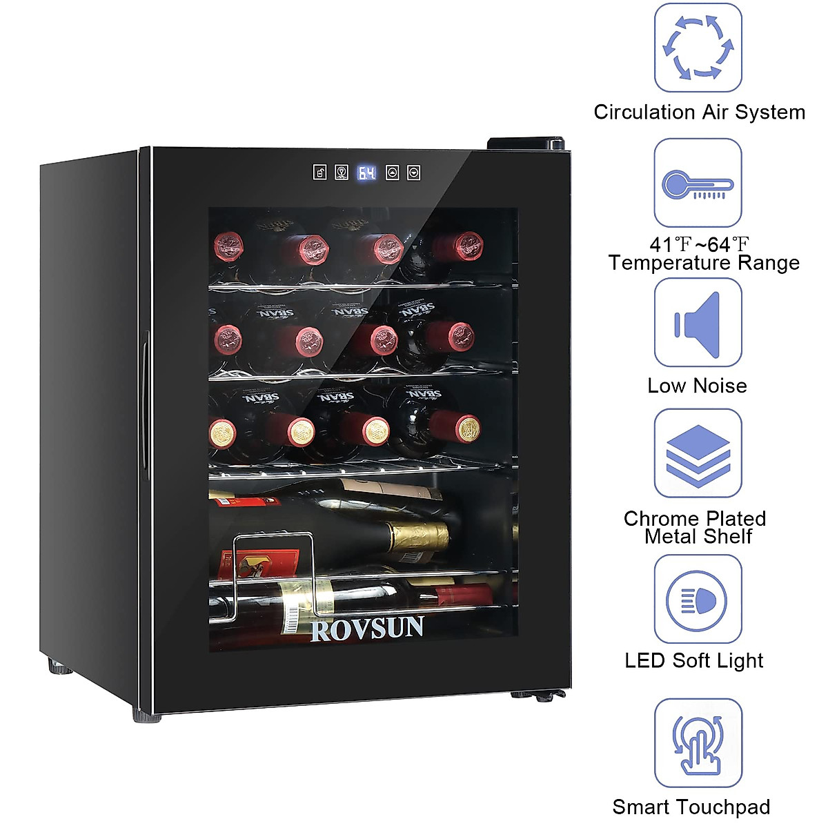 16 Bottle Wine Fridge, Freestanding Compressor Cooler Refrigerator, Beverage Wine Cooler Chiller with Digital Temperature Control & Double-layer Glass Door for Red White Wine, Champagne, Beer
