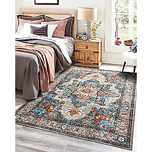 3x5 Area Rug for Living Room Bedroom: Large Washable Rug with Non-Slip Backing Non-Shedding Stain Resistant, Farmhouse Rug, Carpet for Dining Room Nursery Home Office Indoor Grey/Teal