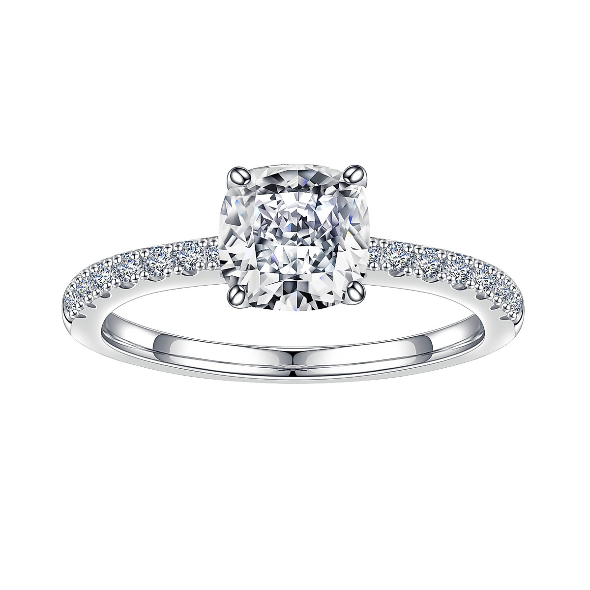 SMILEST Cushion Cut Moissanite Rings for Women, D Color VVS1 Clarity Lab Created Diamond Side Stone Rings Rhodium Plated 925 Sterling Silver Four Prong Moissanite Engagement Rings for Women Gifts