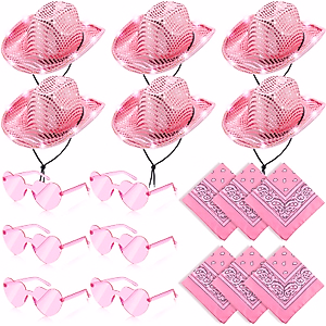 6 Pack Light Cowboy Hat Space Cowgirl Hat Led Flashing Hat with 6 Heart Glasses 6 Paisley Bandanna Western Cowboy Costume (Pink)