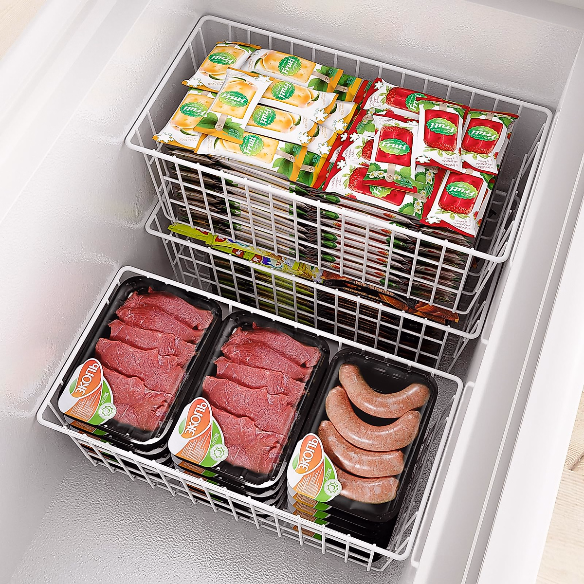 Orgneas Freezer Organizer Bins, Freezer Baskets for Chest Freezer and Upright Freezer Refrigerator Dividers Frozen Meats Storage Containers Organizer for Fruits and Vegetables, 5 Packs