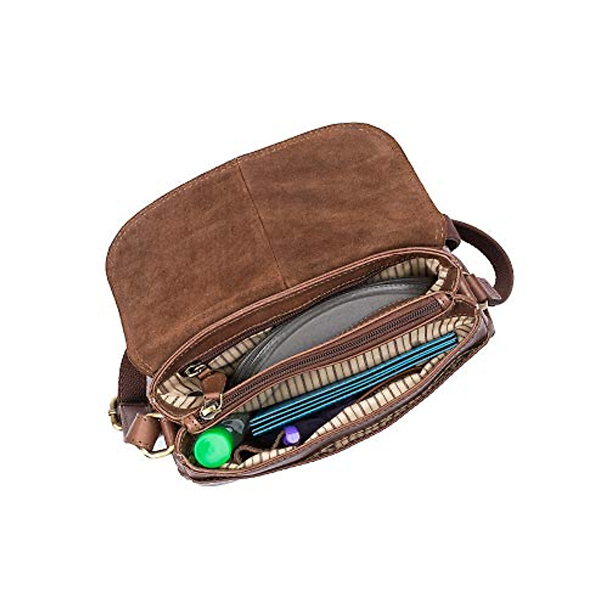 Zinda Genuine Leathers Saddlebag Flap Over Women's Handbag Crossbody Shoulder Sling Multiple Pockets (Brown)