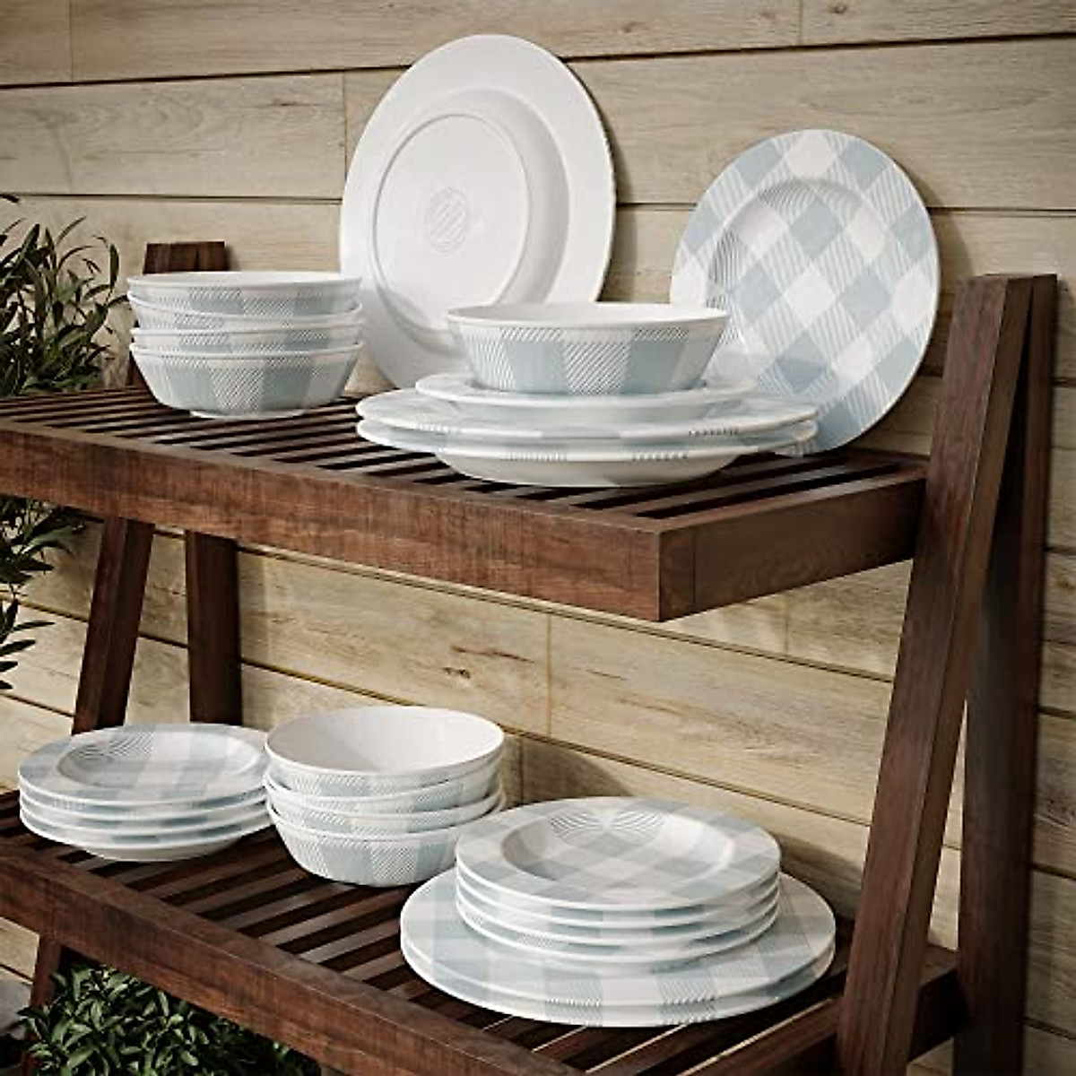 Barnyard Designs 12-piece Melamine Dinnerware Set, Durable Chip-Resistant Dishware for Indoor/Outdoor Use, Service for 4, Light Blue Buffalo Plaid, (Dinner Plate: 11”, Salad Plate: 8.5”, Bowl: 7”)