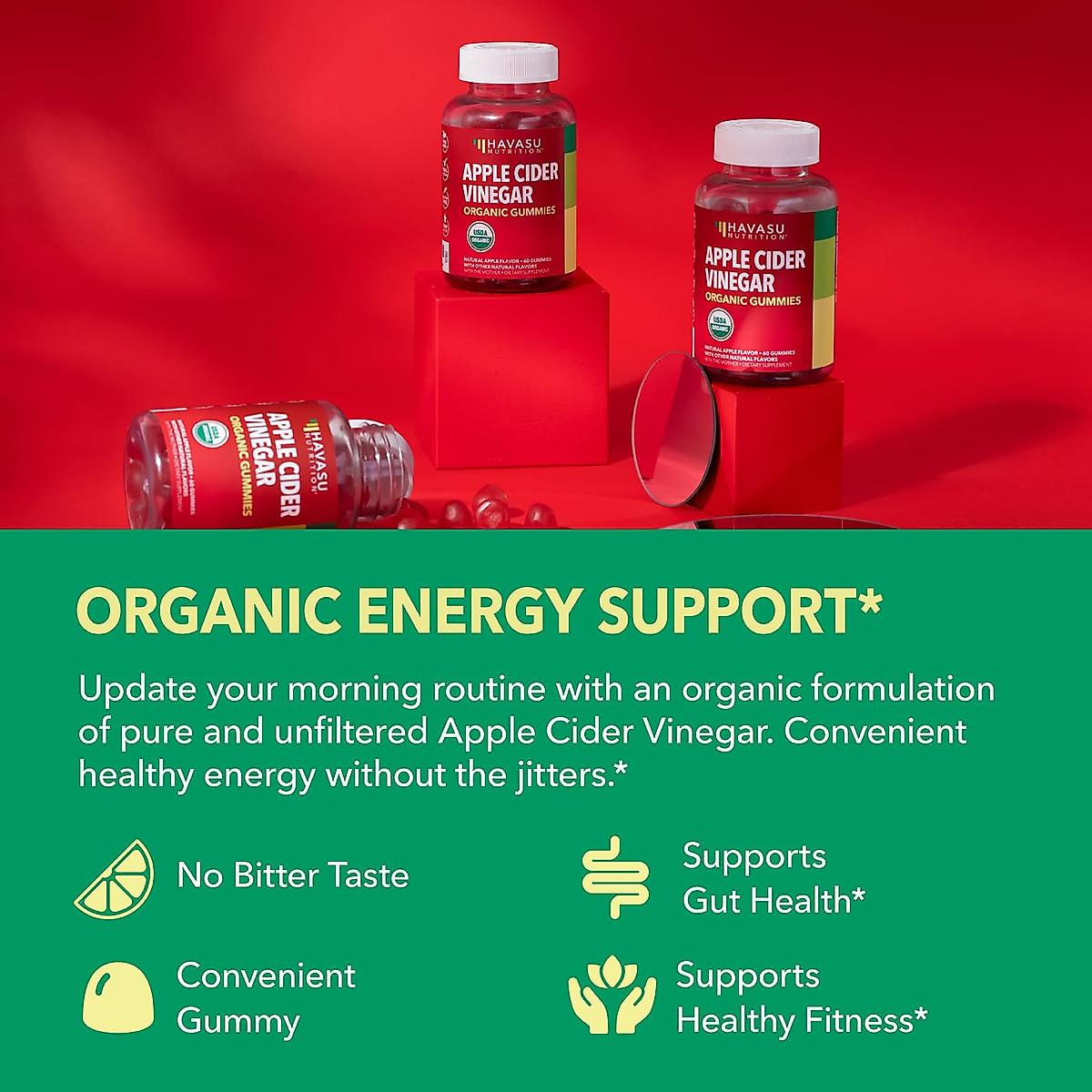 Organic Apple Cider Vinegar Gummies | ACV Gummies to Support Digestive Health and Gut Flora for Digestion | Natural Apple Flavor | 60 Organic, Vegan, and Non-GMO Apple Cider Vinegar Gummies