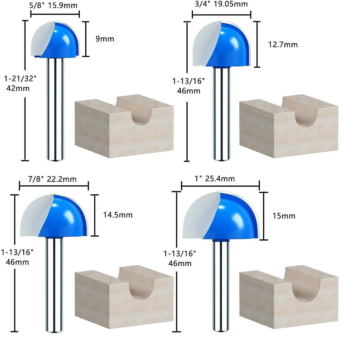 Helovmine 1/4 Inch Shank Round Nose Cove Core Box Router Bit Set Solid Carbide Double Flute Round Nose Router Bit 1/4" 5/16" 3/8" 1/2" 5/8" 3/4" 7/8" 1" Cutting Diameter Woodworking CNC Tools