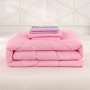 Wowelife Glitter Teen Bedding Sets for Girls Gradient Full Size 5 Pieces Comforter Set Pink Purple Kids Comforter Sets Lightweight with Comforter, Flat Sheet, Fitted Sheet and 2 Pillowcases