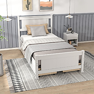 VINGLI Twin Size Bed Frame with 4 Drawers on Wheels and Headboard, Twin Wood Platform Bed with Storage Underneath, Mattress Foundation with Wooden Slats Support, No Box Spring Needed, White
