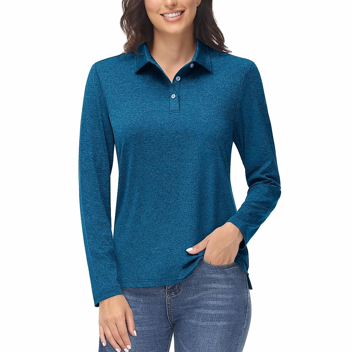 MAGCOMSEN Women Polo Shirts for Work Athleisure Cool Activewear Dry Fit Full Sleeve Tshirts SPF 50 Tops, P Blue, L