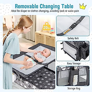 BABY JOY 4 in 1 Pack and Play, Portable Baby Playard with Bassinet, Adjustable Canopy, Changing Table, Lockable Wheels, Glowing Music Box, Travel Baby Crib Bassinet Bed from Newborn to Toddler