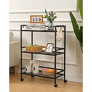Hzuaneri 3-Tier Storage Racks - with 4 Wheels, Metal Industrial Standing Shelf Units with 6 Hooks, for Kitchen, Living Room, Bathroom, Entryway, Easy Assembly, Black SS02801B