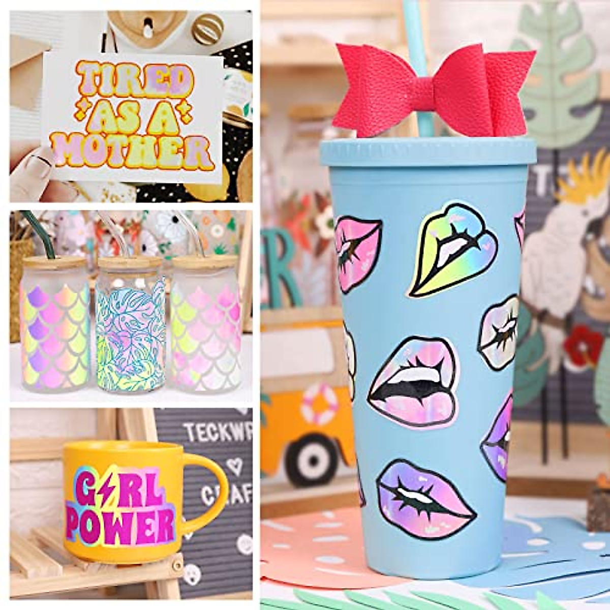 TECKWRAP Holographic Vinyl Glossy Candy Color Adhesive Vinyl for Craft Cutter 12" x 5ft, Pastel Rainbow