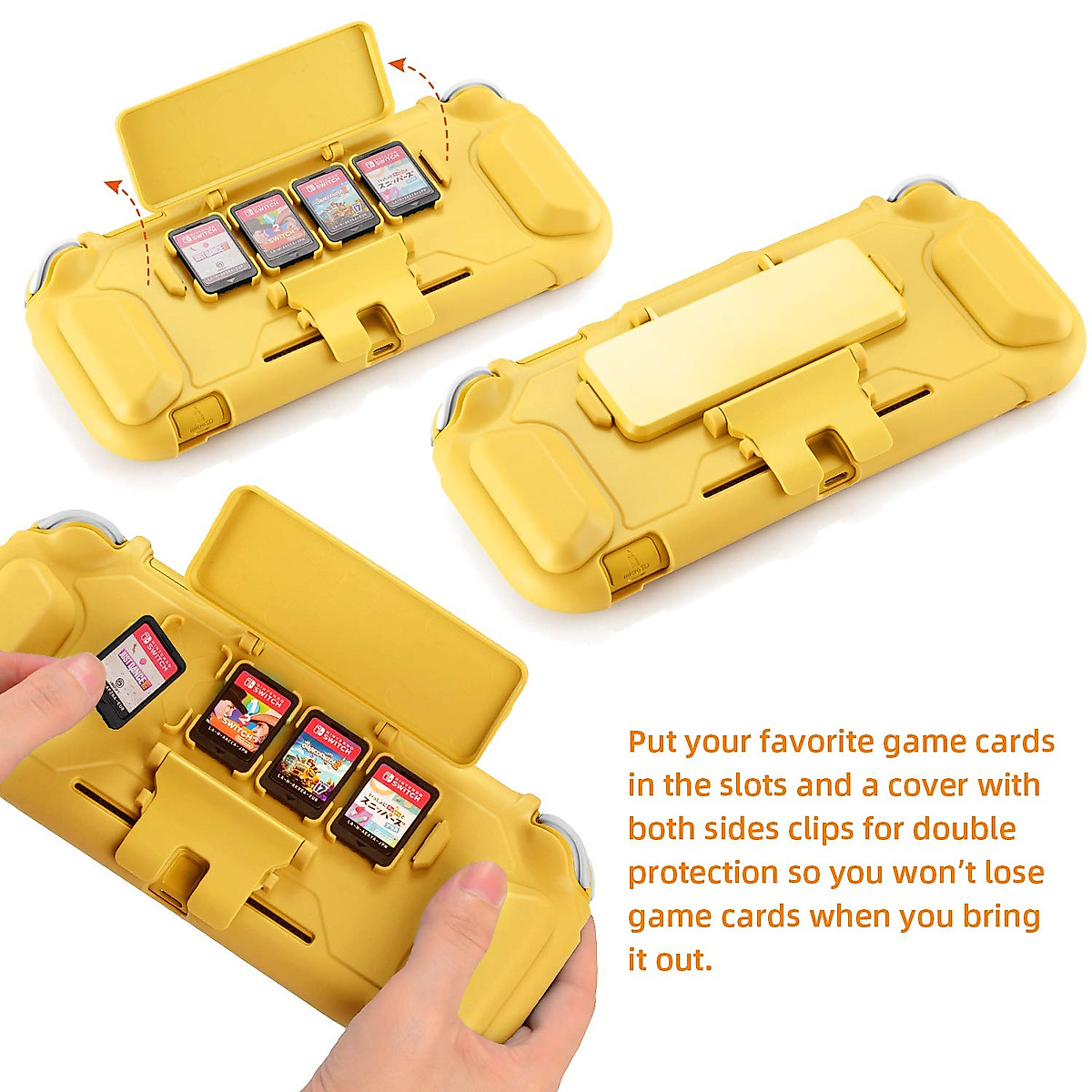 Protective Case Bundle for Nintendo Switch Lite, Tempered Glass Screen Protector, 4 Game Card Slots, Kick-Stand, Ergonomics Hand Grip, Shockproof, Anti-Scratch for Nintendo Switch Lite Case Yellow