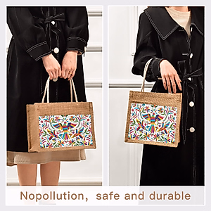 Eionryn Mexican Otomi Birds Floral Jute Tote Bag Reusable Grocery Shopping Bag Burlap Beach Bag Market Bags With Handle for Wedding Party Gift DIY 16.9 x 12.6 x 7.1 inch