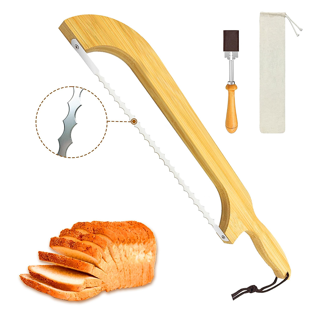 AmaCielo Bread Bow Knife, Bread Knife for Homemade Bread, 16.5 Inch Wooden Double-Sided Serrated Bread Slicer, Bread Cutter for Sourdough, Bagels, Baguettes, Premium Stainless Steel