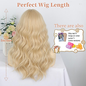 XIXIBI Blonde Wigs for Women Blonde Wig with Bangs Long Wavy Curly Wigs Natural Looking Synthetic Heat Resistant Fiber Wig for Daily Party Use (20 inch)