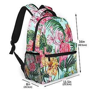 Wozukia Pink Flamingos Casual Backpack Tropical Exotic Flowers Palm Leaves Jungle Leaf Hibiscus Orchid Flower Botanical In Hawaiian Style Daypack for Camping Hiking Travel Bookbag 11.5 X 8 X 16 Inch