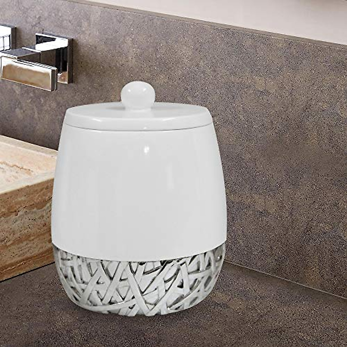 nu steel Bali Canister Jar with Lid for Cosmetics and Makeup Storage, Bathroom, Countertop, Desk, and Vanity, Resin, White/Chrome