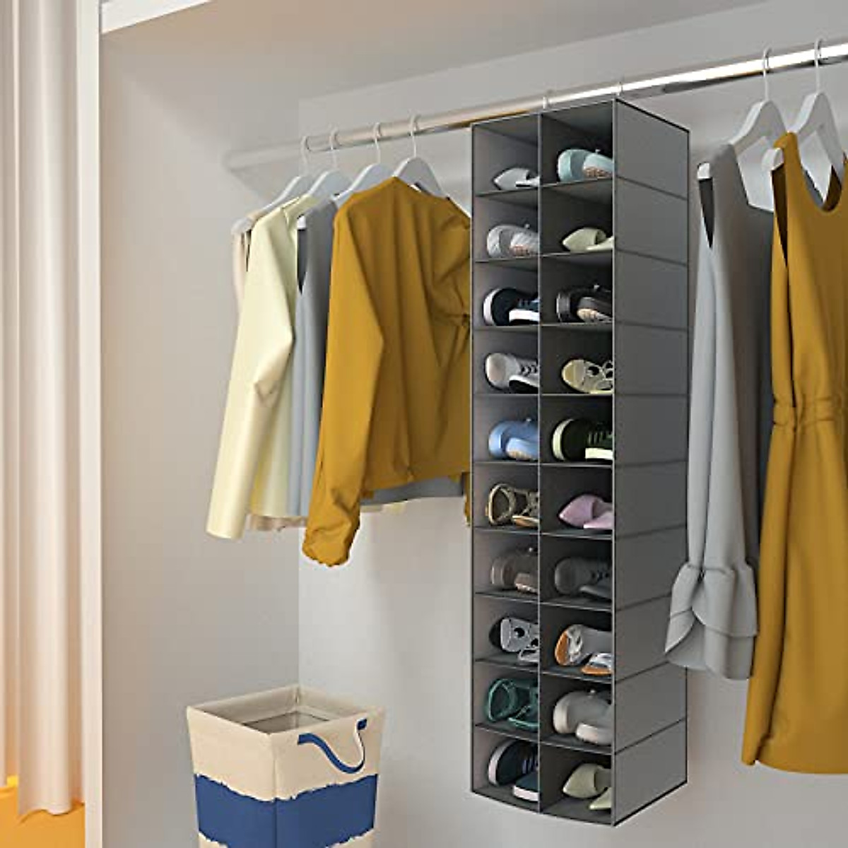 Libeder Hanging Shoe Organizer for Closet, Hanging Closet Organizers 20 Section Shoe Shelves, Space Saving Shoe Holder & Storage, Grey, 12''W×12''Dx 50''H