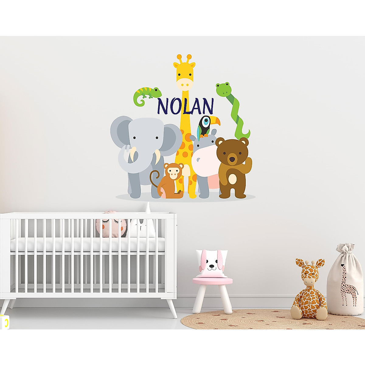 Custom Name Jungle Animals Wall Decal - Baby Safari Zoo Animals Series Theme Wall Art Decal - Wall Decal for Nursery Bedroom playroom Decoration (Wide 16"x16" Height)