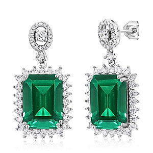 Gem Stone King 925 Sterling Silver Green Nano Emerald Dangle Earrings For Women (13.60 Cttw, Gemstone May Birthstone, Emerald Cut 14X10MM)