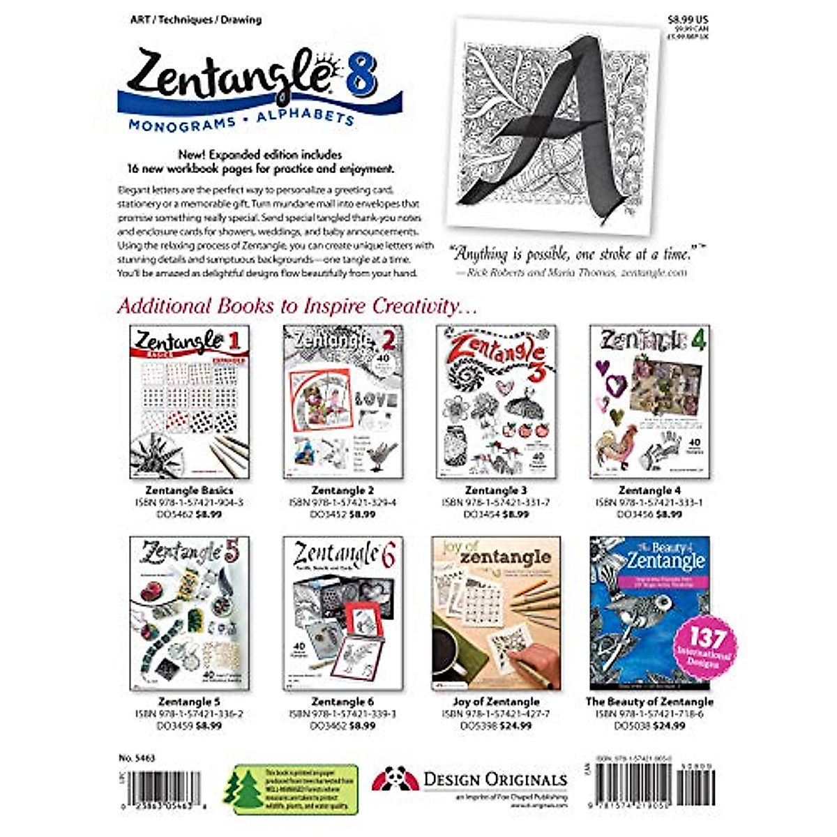 Zentangle 8, Expanded Workbook Edition: Monograms, Alphabets, and 40 All-New Tangles (Design Originals) How to Embellish Letters, Monograms, Cards, Stationery, Gifts, and More with Beautiful Designs