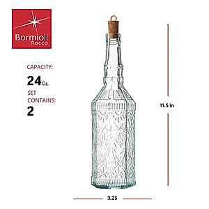 Bormioli Rocco Set Of 2 Country Home Fiesole Bottle, 24-ounce With All Natural Cork Lid, Blue-green Tinted Star Glass, Elegant And Floral Design Made In Italy.
