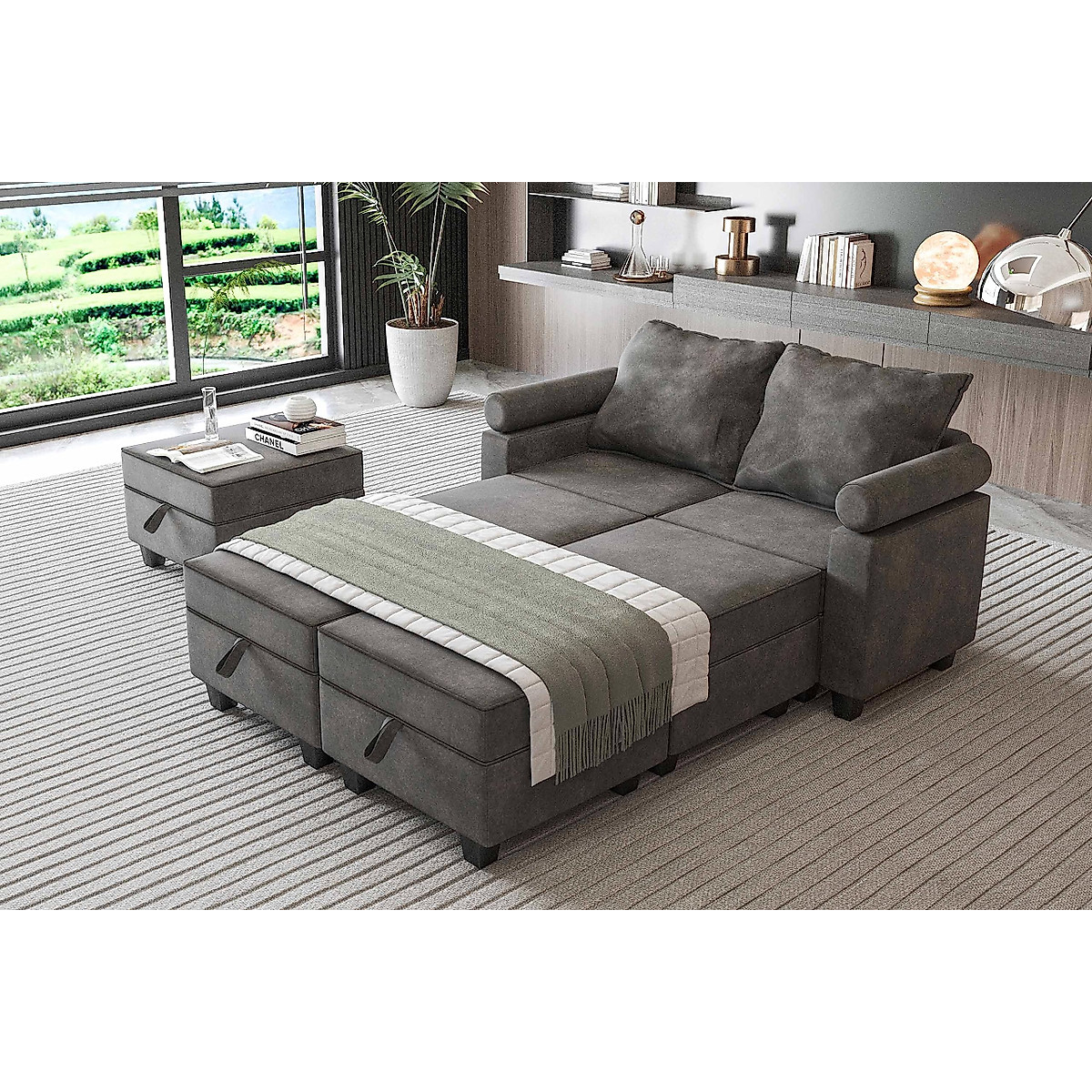 Tbfit Modular Sectional Sofa with Storage Ottoman, Convertible Oversized Couch with Reversible Chaises, Sleeper Sofa with Adjustable Arm for Living Room, 7 Seated, Dark Grey