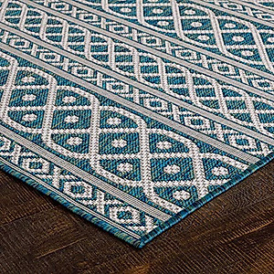 RUGBUGGERY Indoor Outdoor Anti-Fade Moroccan Boho Panel Area Rug 8'x10' Ocean Blue (Bohemian, Southwestern, Transitional, Pet Friendly, Non Shedding, Stain Resistant)