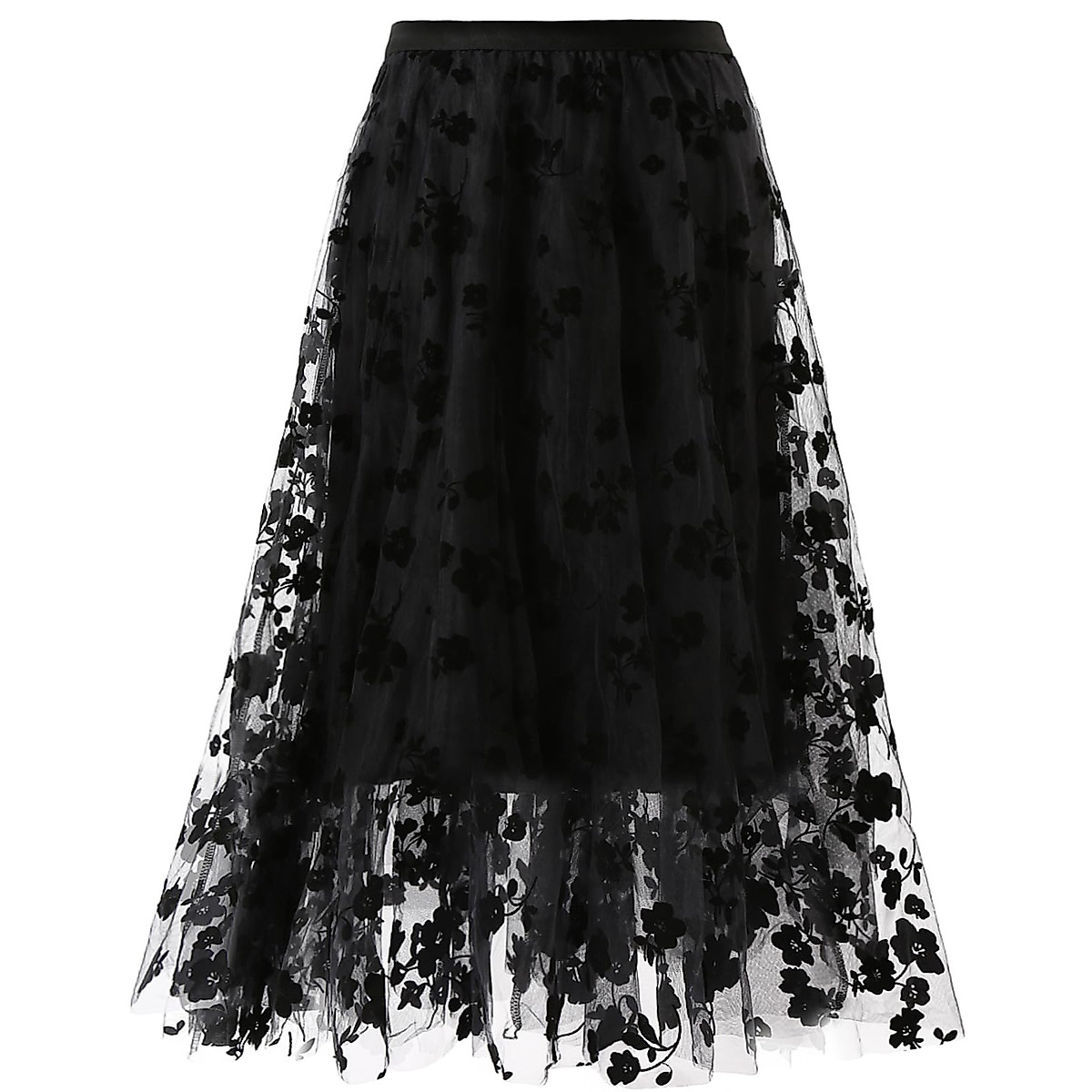 Women's A Line Tulle Midi Skirt Tutu Tiered Petticoat Skirts Tea-Length Elastic Waist Tutu Skirts (Flower Black 3 Layer)