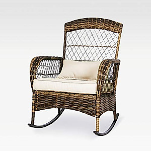 ENSTVER 3 Pieces Patio Conversation Set w/ 2 Rattan Wicker Rocking Chairs and Glass Table,for Garden Backyard Lown Porch (Beige)