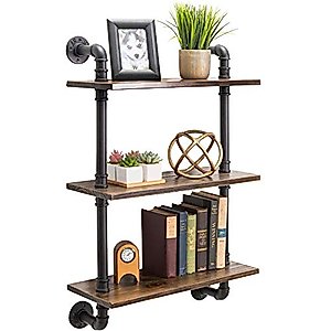 EXCELLO GLOBAL PRODUCTS 3-Tier Rustic Wooden Wall Floating Shelf Display 24"x36" with Iron Pipe for Kitchen, Bedroom, Office