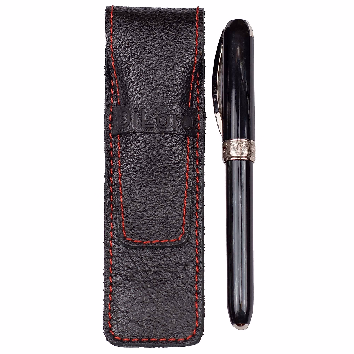 DiLoro Full Grain Leather Single Pen Case Holder Pouch Pencil Organizer (Buffalo Black w Red)
