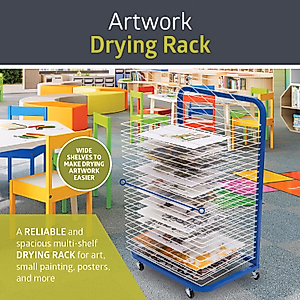 Pearington Mobile 25-Shelf Art Drying Rack for Classrooms and Art Studios, Heavy-Duty Steel Rolling Art Rack Cart with 25 Wide Shelves, Blue