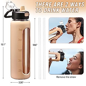 Kodrine Water Bottle with Soft Straw and Carry Loop, 32 oz Glass Water Bottle, Bottle with Locking Lid Leakproof, Sports Water Jug, Motivational Drinking Bottles for Gym Travel Home, Amber