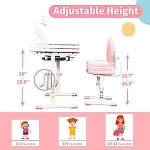 Kids Desk and Chair Set, Height-Adjustable Chair and Desk for Kids, Kid Desk with 3 Modes and 3 Brightness Led Lamps, Childrens Desk with 60° Tilting Tabletop and Extra-Large Storage Drawer (Pink)