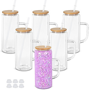 Maucircol 20 Oz Snow Globe Glass Cup With Handle, 6 Pack Pre-Drilled Double Wall Glass Coffee Mug For Snow Globe Diy Glitter, Double Wall Snow Globe Tumbler with Bamboo Lid