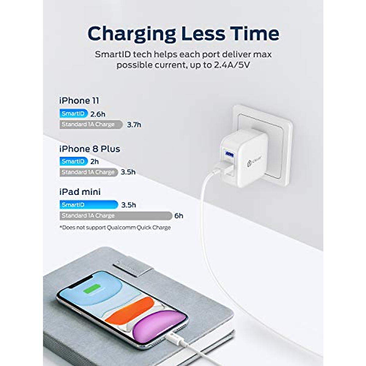 USB Wall Charger for iPhone iPad, 2-Pack iClever Dual Port 24W Travel Tablet Phone Charger Adapter with SmartID for iPhone11/ Pro/iPhoneX/iPhone XR/8/7/6/Plus, iPad Pro/Air 2/Mini 3/Mini 4 and More