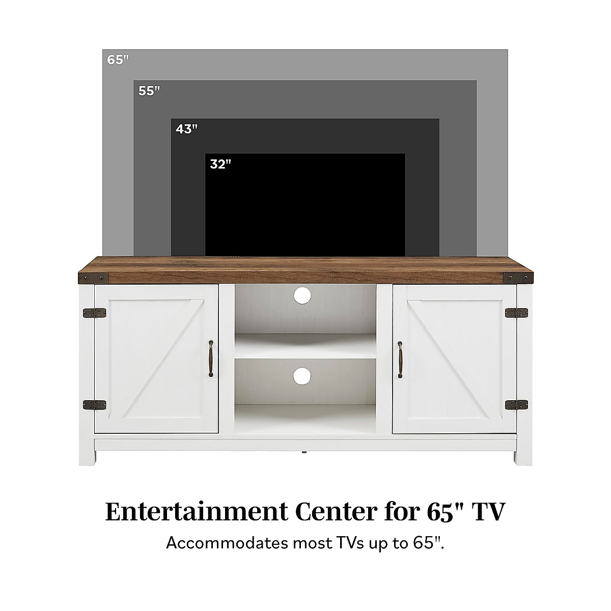 Walker Edison Larae Modern Farmhouse Two-Tone Barn Door Stand for TVs up to 65 Inches, Without Fireplace, Rustic Oak/White