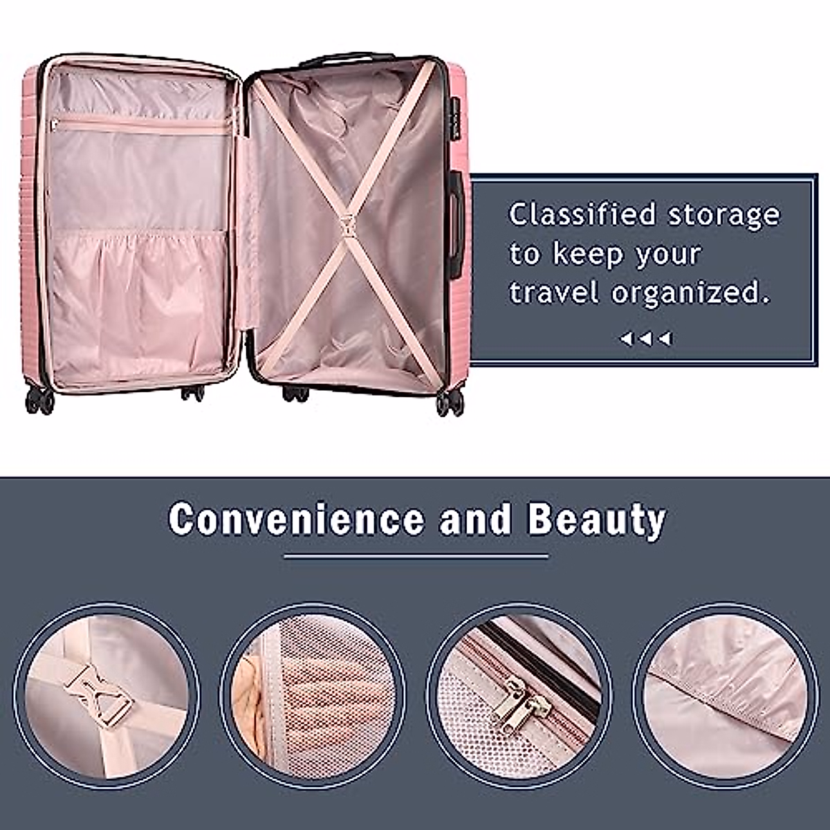 Merax Luggage Sets 3 Piece Suitcases Set ABS Expandable 8 Wheels Spinner Suitcase, TSA Lock Travel Luggage For Man And Women (Pink)