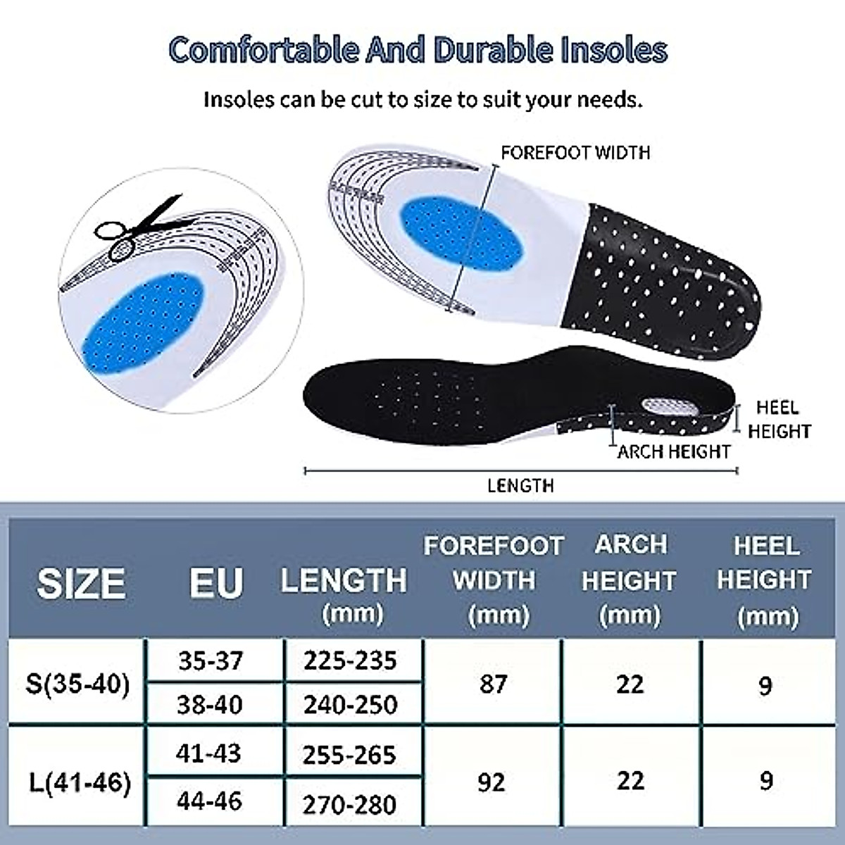 Arch Support Inserts, Plantar Fasciitis Insoles, Shoe Inserts for Women and Men, Heel Pain Relief, Insoles for Standing All Day, Flat Feet Pain Relief, Orthotic Inserts, Breathable & Anti-Slip, S