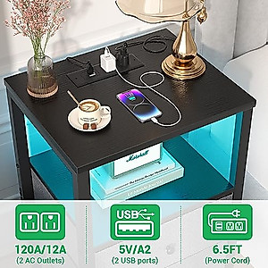 Cyclysio Night Stands Set of 2 with Charging Station, Night Stand with LED Lights, 25.6'' End Table Bedside Tables with 2 Drawers, 3 Tier Tall Night Stand with Storage for Bedroom Living Room, Black