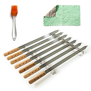 SETAMA Stainless Steel Kabob Skewers - Set of 7 - Flat 1 Inch Wide Blades - Rust Proof - 7 Piece Koobideh/Persian/Brazilian Kebab Skewer and Rack Set - With Basting Brush, Cloth & Storage Bags