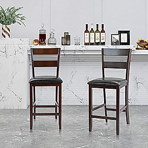 COSTWAY Set of 4 Bar Stools, 25” Counter Height Kitchen Dining Pub Chairs with Soft Padded Seat, PU Leather Cover & Rubber Wood Legs, Suitable for Dining Room, Restaurant & Cafe Store (4)