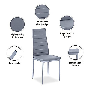 ROZHOME Dining Set for 4, Round Glass Dining Table with 3 Legs and 4 Metal Chair for Home Office Kitchen Dining Room 35.43" * 35.43" * 29.53"(L x W x H) (Glossy Silver+Light Slate Gray)