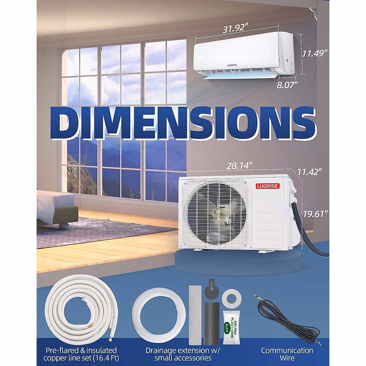 LUORISE 12000 BTU WiFi Mini Split AC/Heating System, Ductless Air Conditioner, 19 SEER2 Energy Efficient Inverter AC, Cools Up to 550 Sq.Ft, Pre-Charged Heat Pump & 16.4ft Installation Kits, 115V