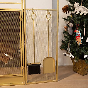 Barton 48" Fireplace Screen 3-Panel Folding Magnetic Doors with 4-Pieces Fire Place Tools Set Steel Fire Spark Guard, Gold