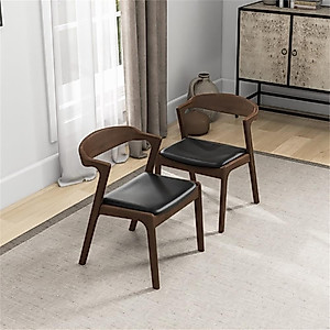 ASHCROFT Mid Century Roxy PU Black Leather Wood Dining Chair, Modern Upholstered Leather Chairs for Kitchen Dining Room (Set of 2)