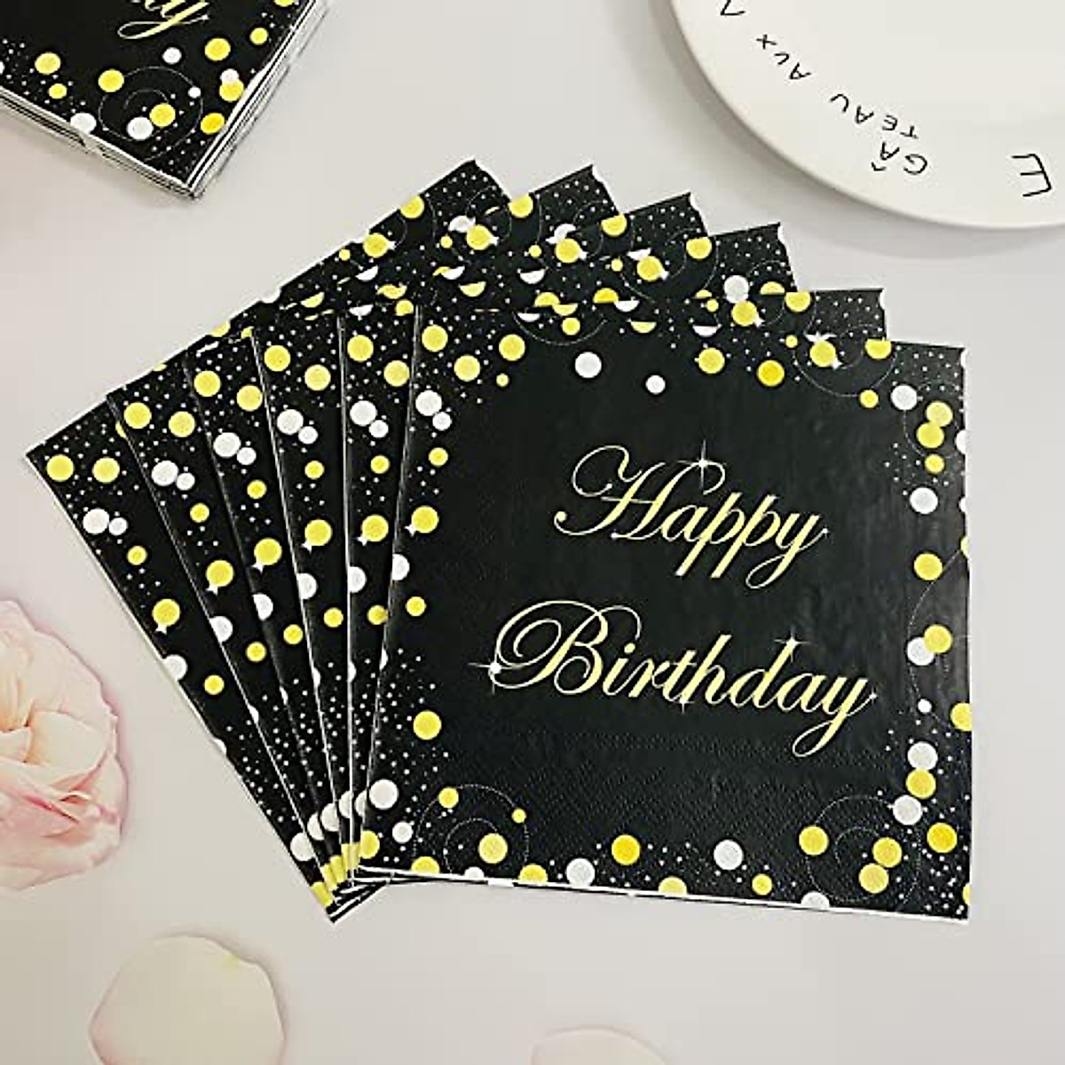 32pcs Gold Happy Birthday Napkins Cocktail Paper Happy Birthday Birthday Disposable Paper Napkins 6.5x6.5 Inches Folded