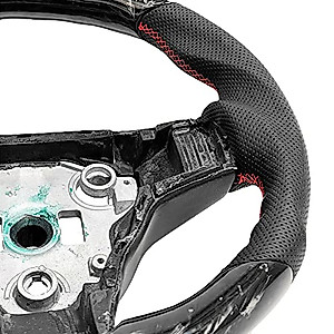 Cobra-tek Carbon Fiber Steering Wheel Forged Compatible with Tesla 3 2017 - 2018 - 2019 - 2020 - 2021 - 2022 - Red Stitches - Non-Slip and Protection - Hand-Saber