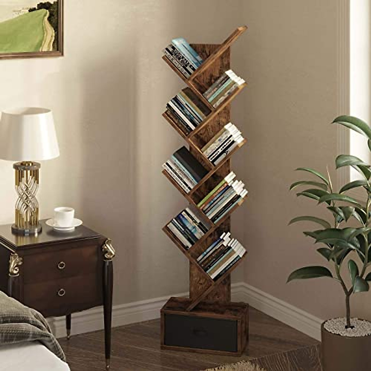 Rolanstar Bookshelf with Drawer, 9-Tier Tree Bookshelf, Wooden Bookshelves Storage Rack for CDs/Movies/Books, Rustic Brown Bookcase, Utility Organizer Shelves for Living Room, Bedroom, Home Office